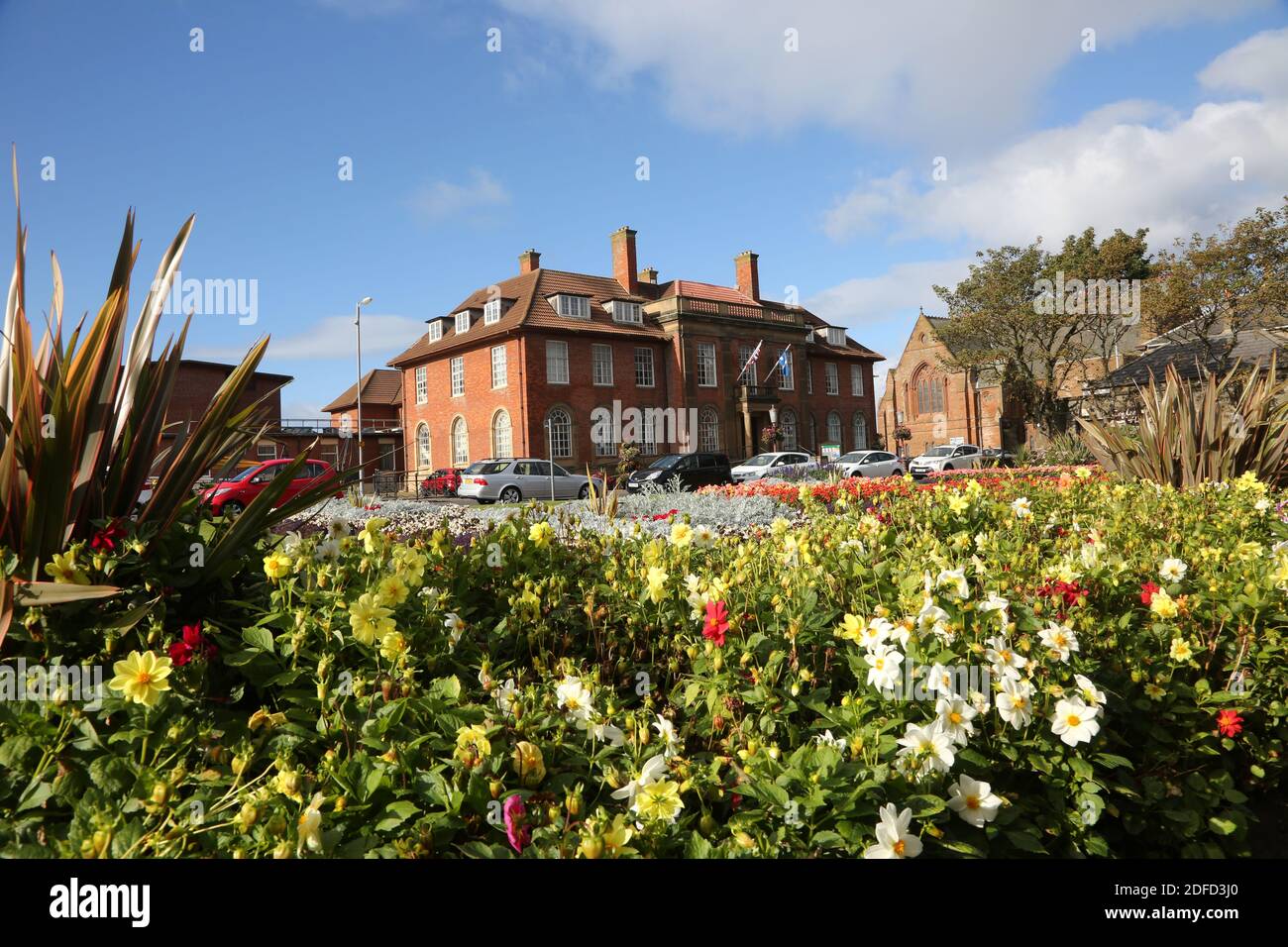 Troon, Ayrshire, Scotland, UK Well manicured council gardens in front ...
