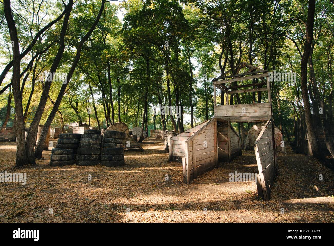 An old wooden big and strange building at the base for a paintball game ...