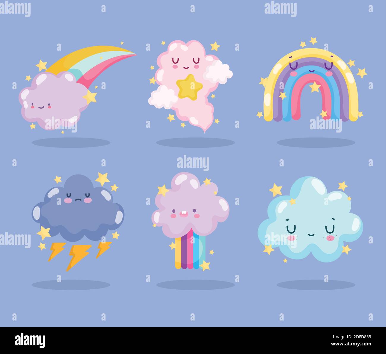 weather cute rainbows clouds storm thunder stars sky icons vector ...