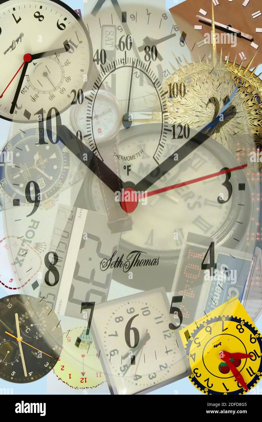 Collage of time pieces like watcher, clocks, stopwatch Stock Photo - Alamy