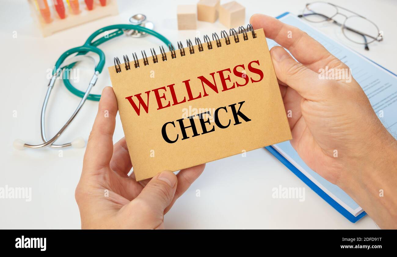 Notepad with text WELLNESS CHECK in the hands of a doctor and a ...