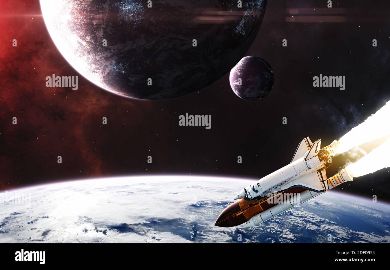 Planets in deep space. Space shuttle in planetary orbit Stock Photo - Alamy