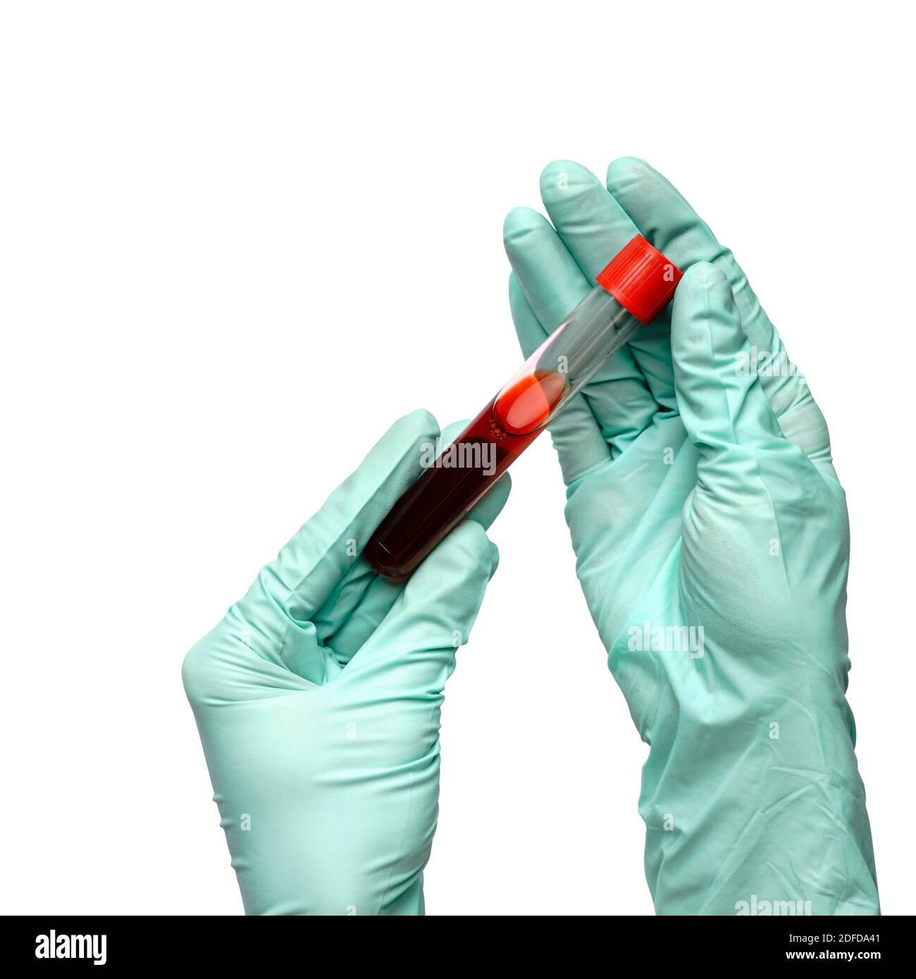 hand in latex glove holding blood sample in test tube close up isolated ...
