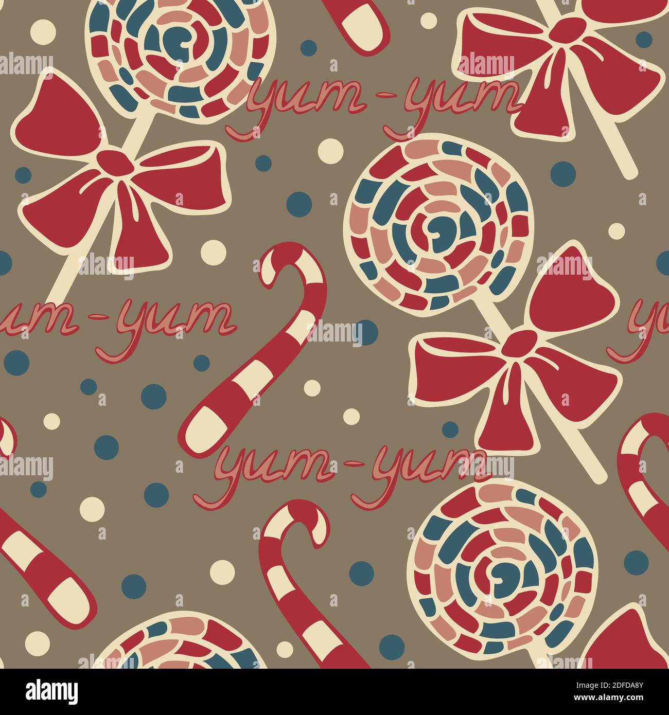 Vector seamless pattern of lollipops and candies on a light brown ...