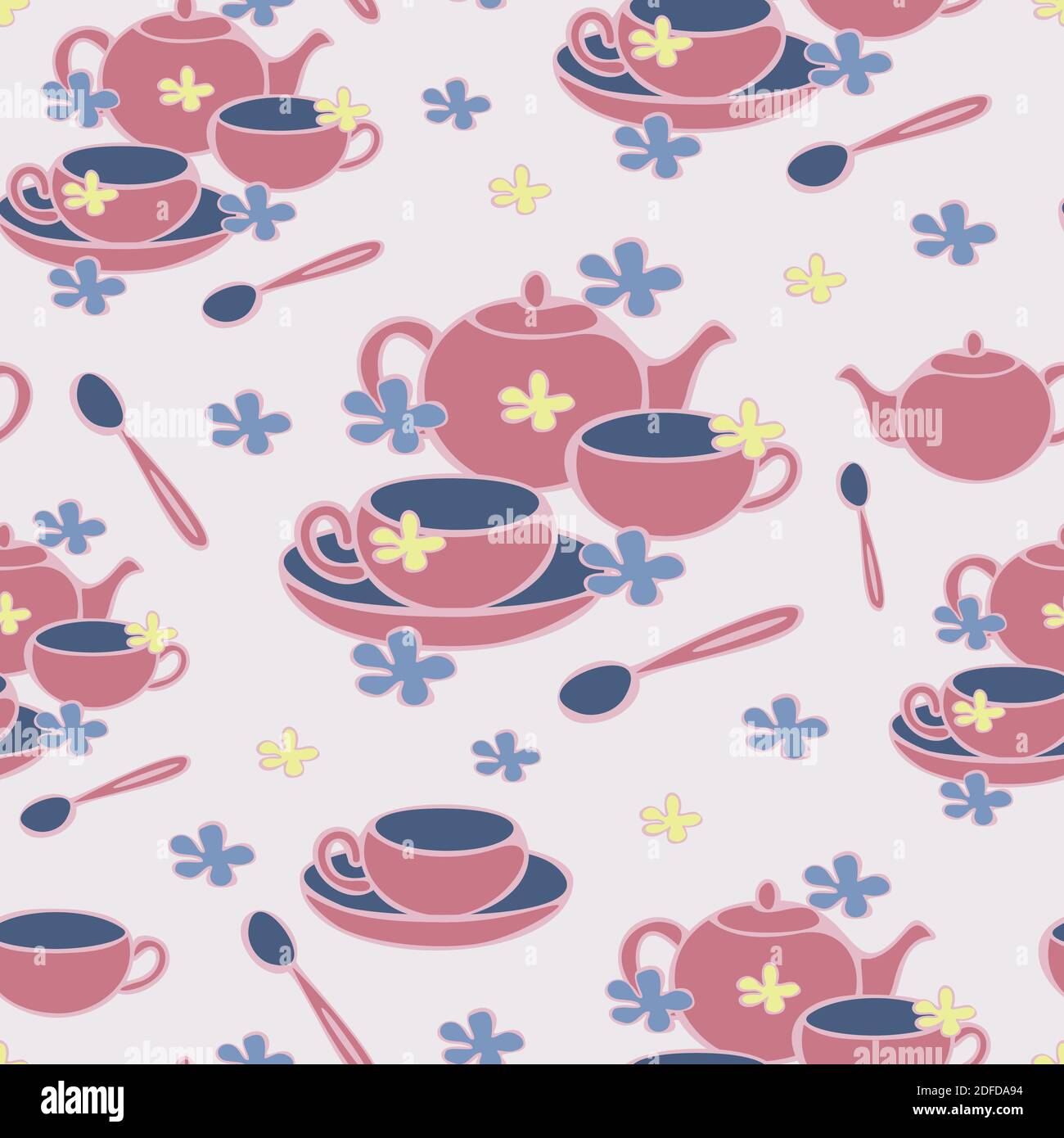 Vector seamless pattern of tea service decorated with flowers on light ...