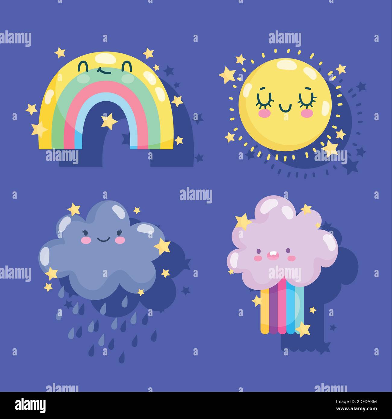 weather icons set cute rainbow sun cloud rain rainbow funny decoration ...