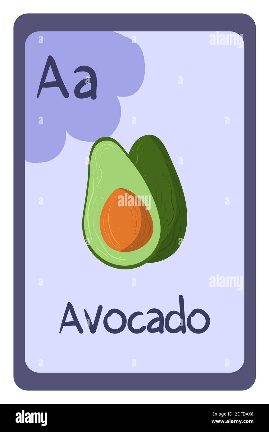 Colorful alphabet letter A - avocado. Phonics flashcard. Food themed ...