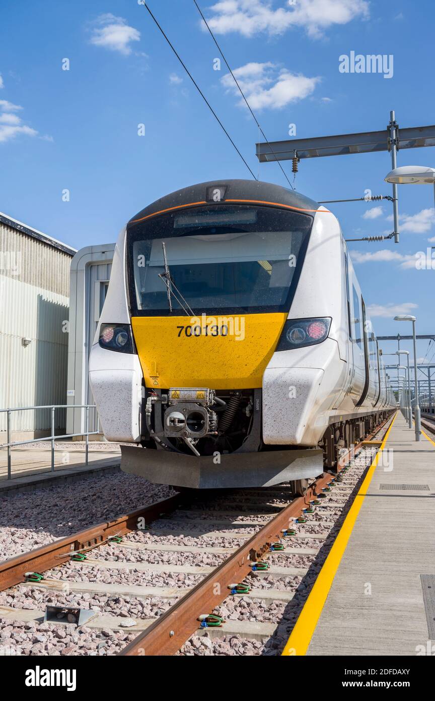 Front of a class 700 Desiro City train in Thameslink livery in a railway depot in the UK Stock ...
