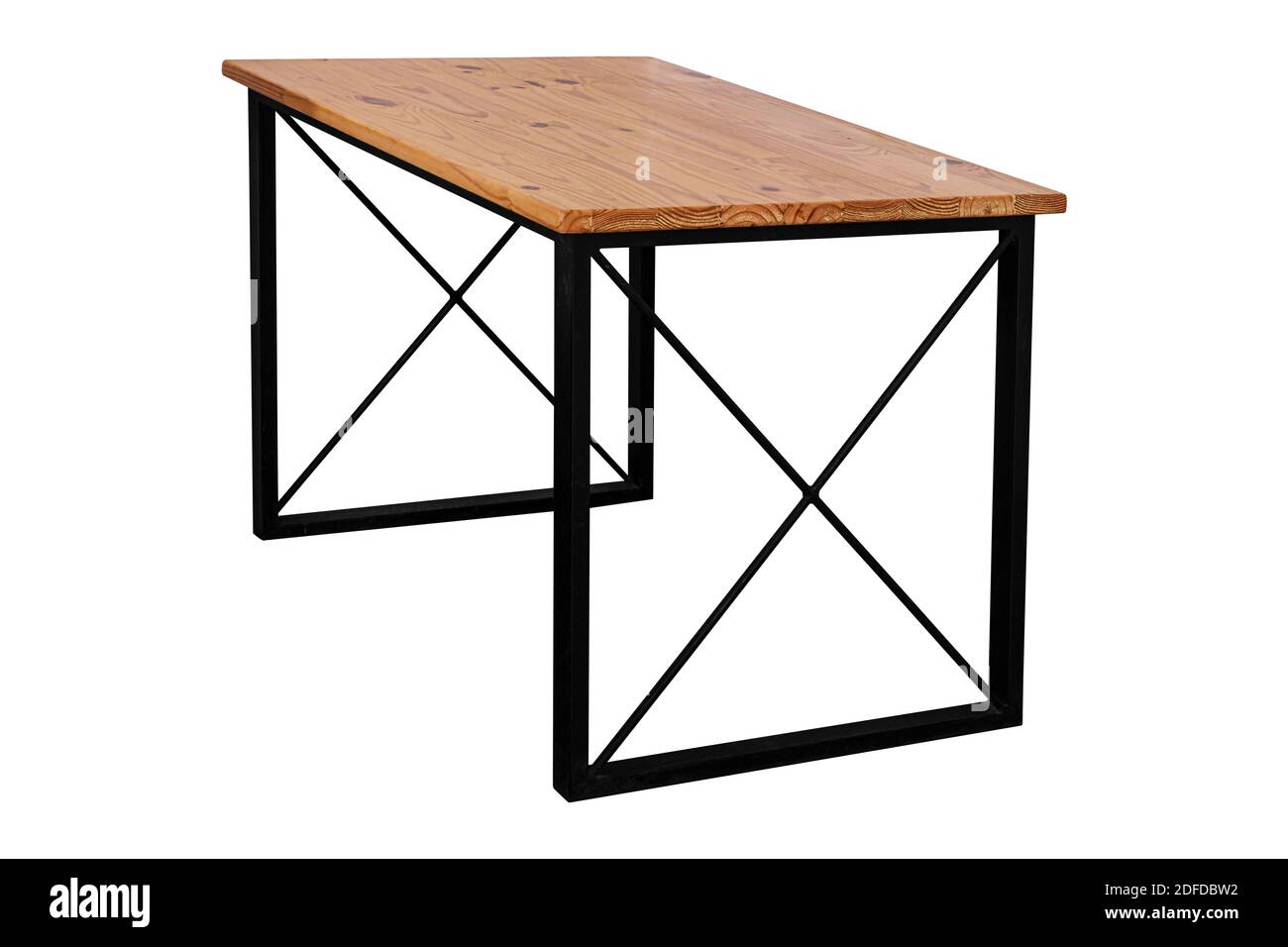 Modern wooden table with steel legs on white background, work with path ...