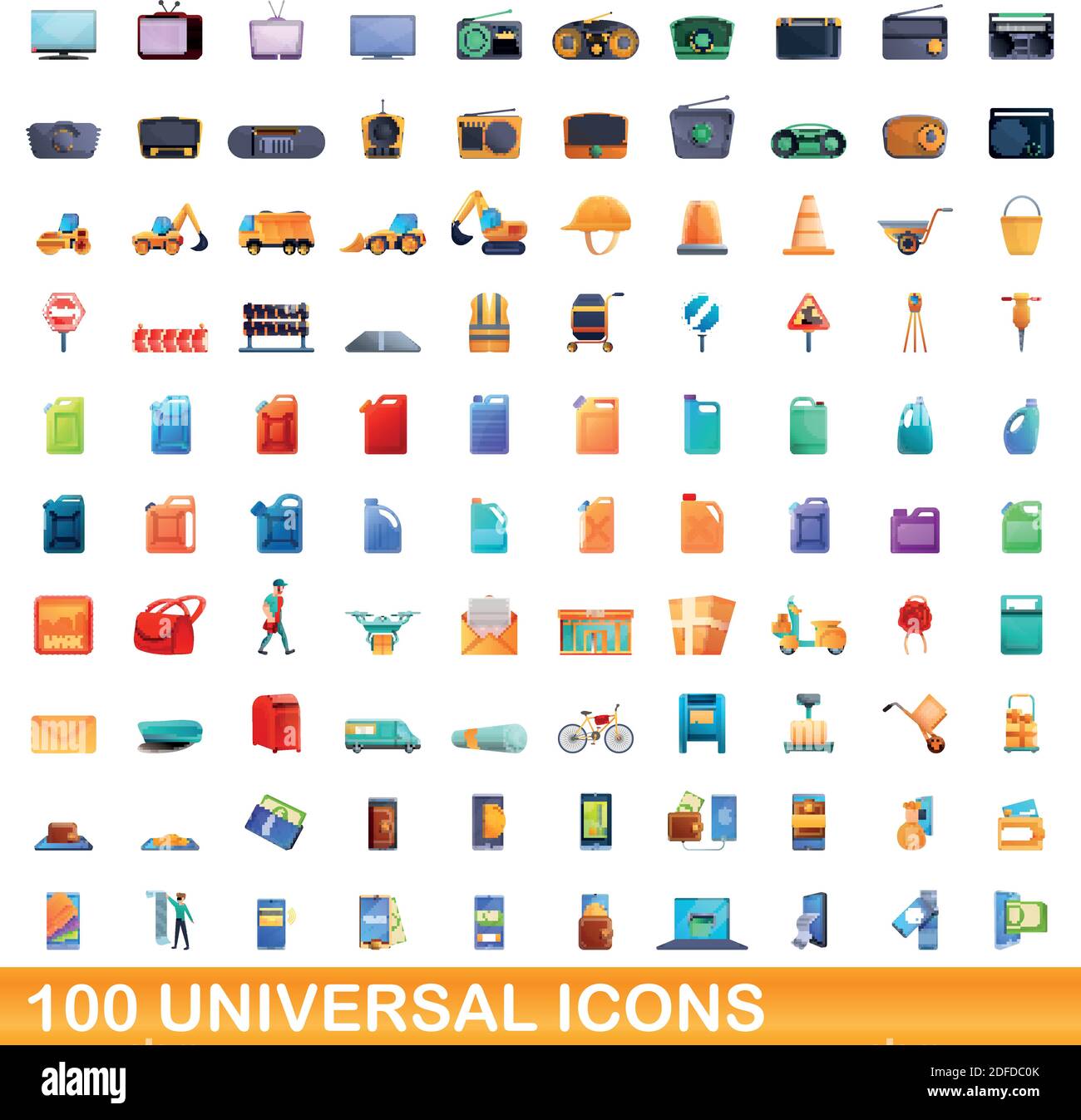100 universal icons set. Cartoon illustration of 100 universal icons ...