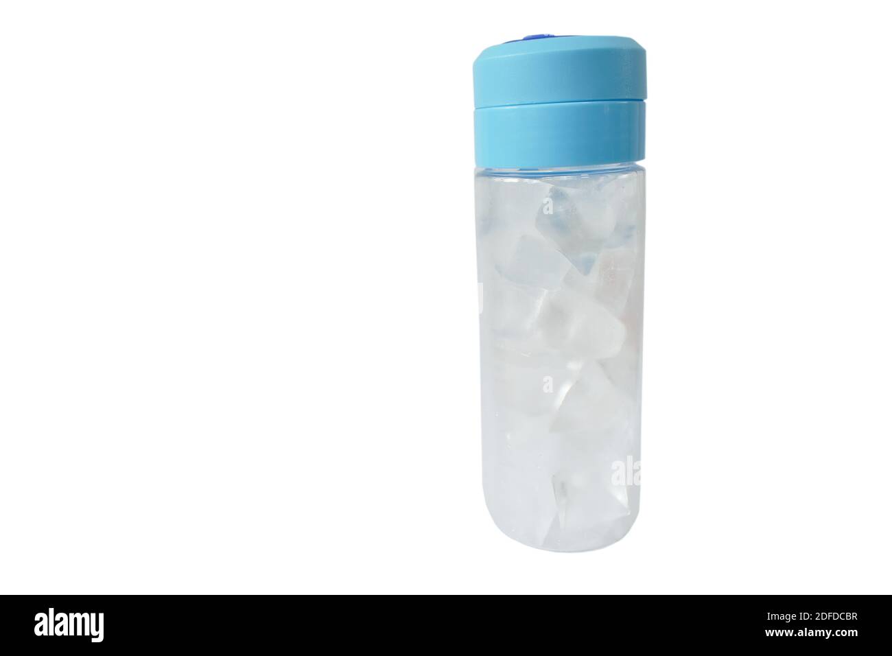 fresh water and ice cube in clear plastic drinking grass on white ...