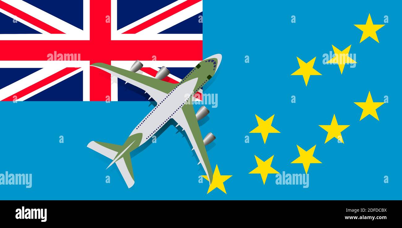 Vector Illustration of a passenger plane flying over the flag of Tuvalu ...