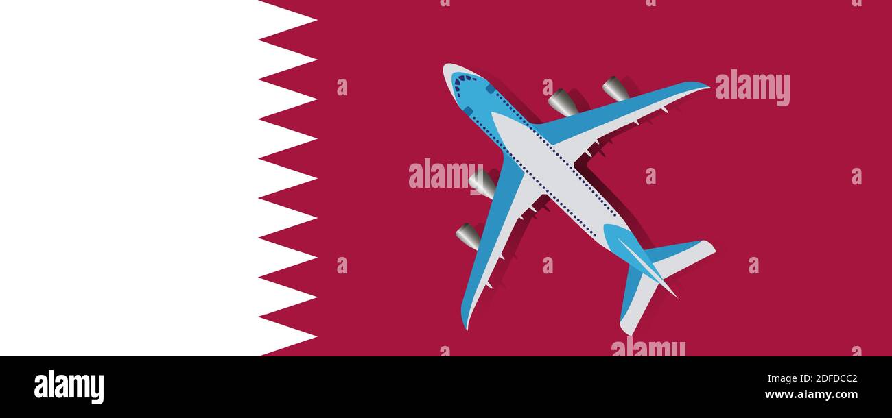 Vector Illustration of a passenger plane flying over the flag of Qatar ...