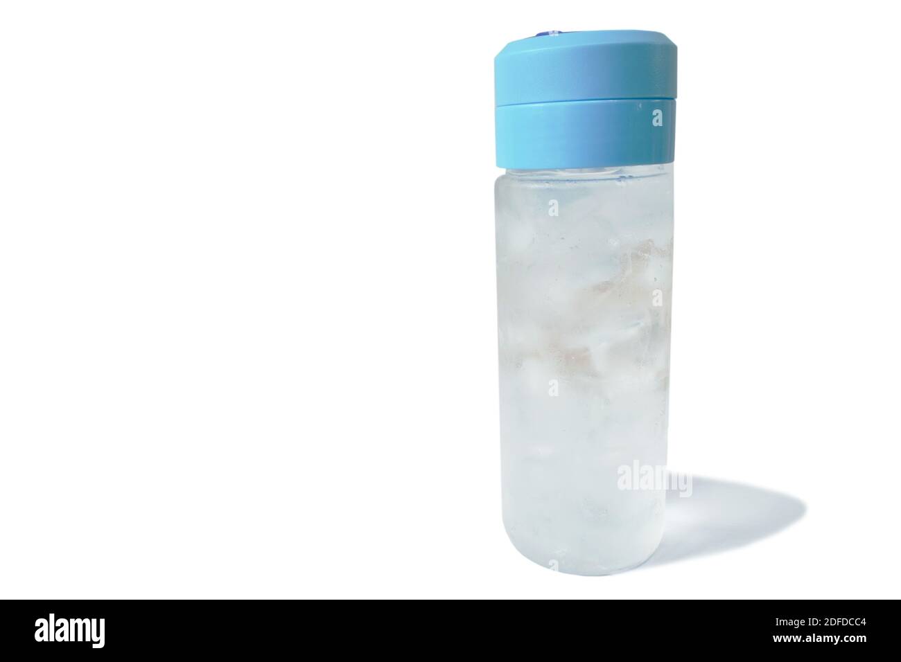 fresh water and ice cube in clear plastic drinking grass on white ...