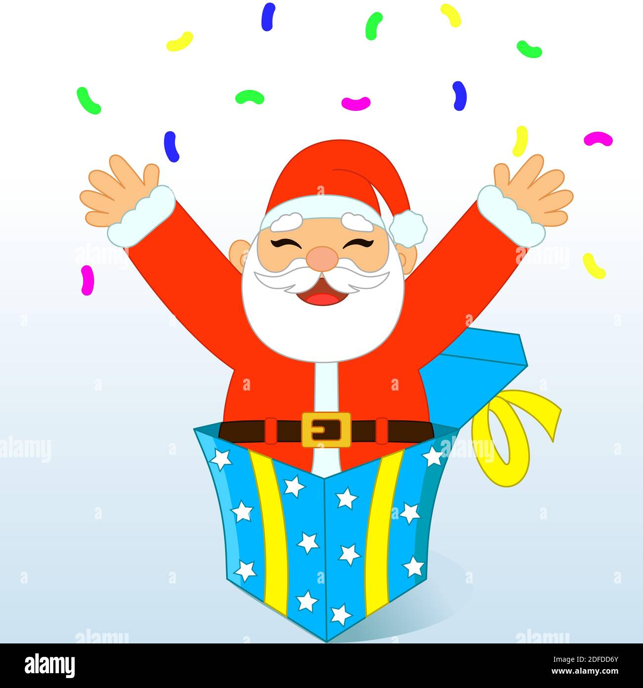 Funny happy Santa Claus character popping out of gift box, waving and ...