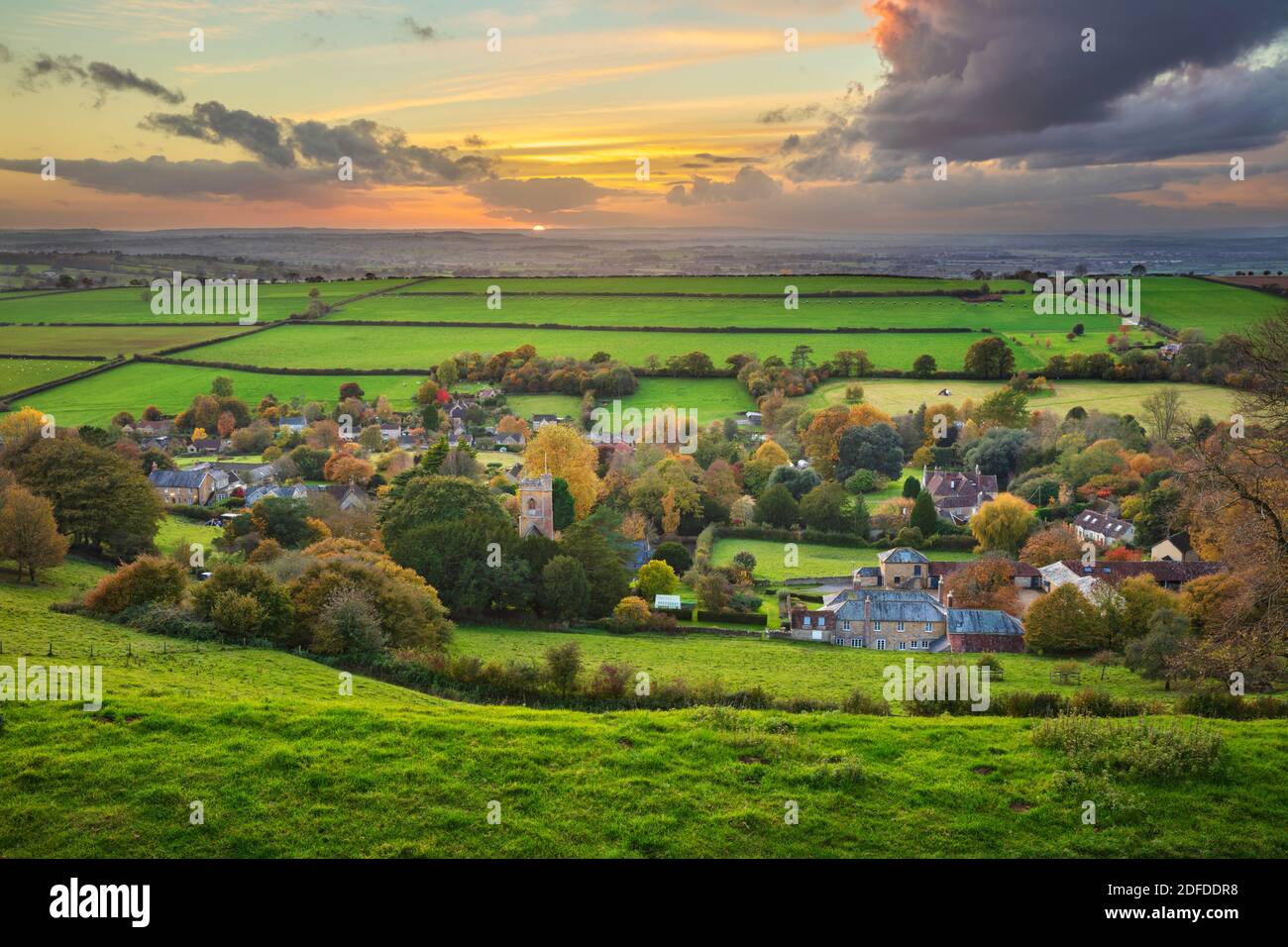 View in autumn over the village of Corton Denham and countryside at ...