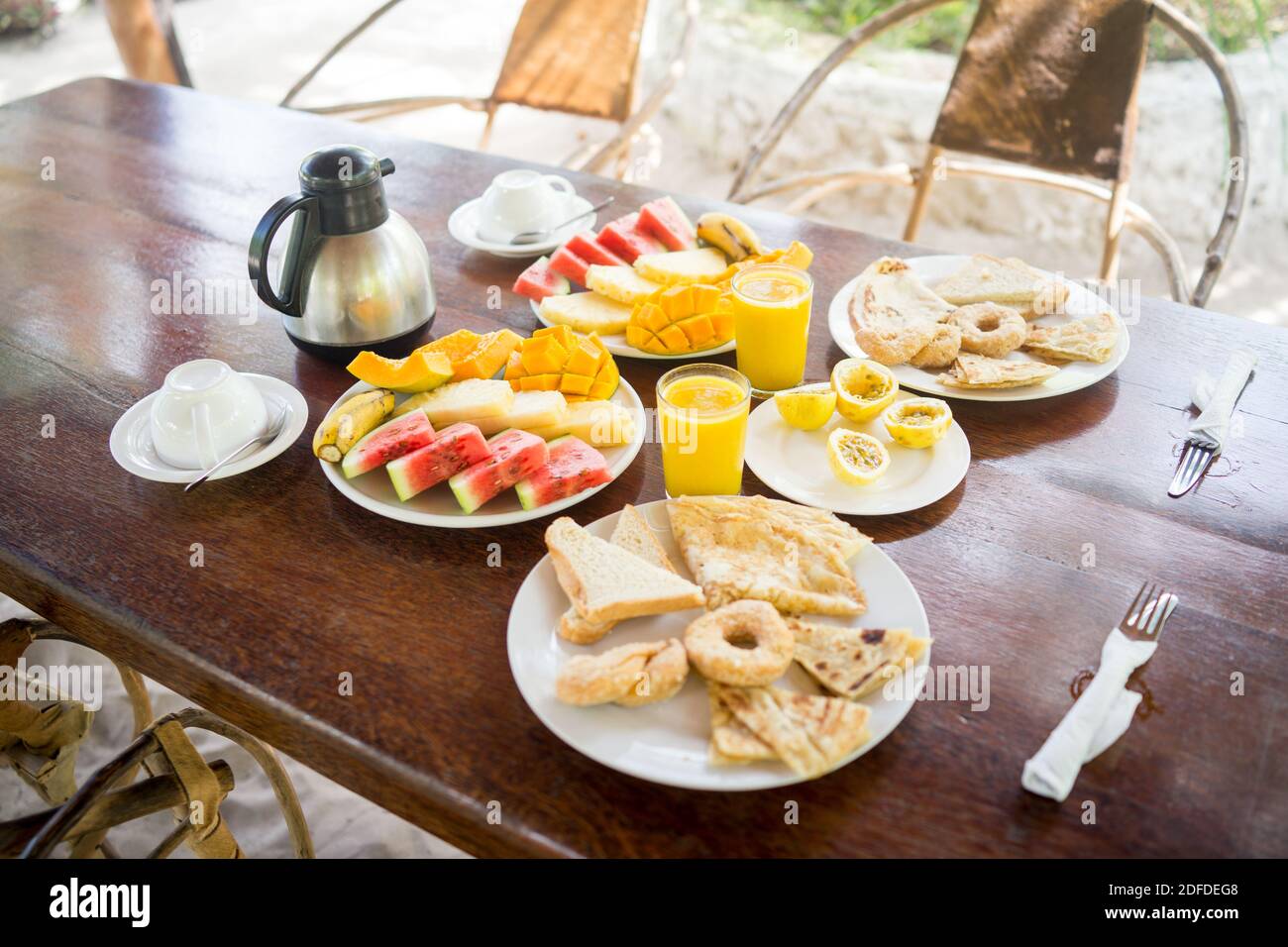 Exotic tropical breakfast in African resort Stock Photo - Alamy