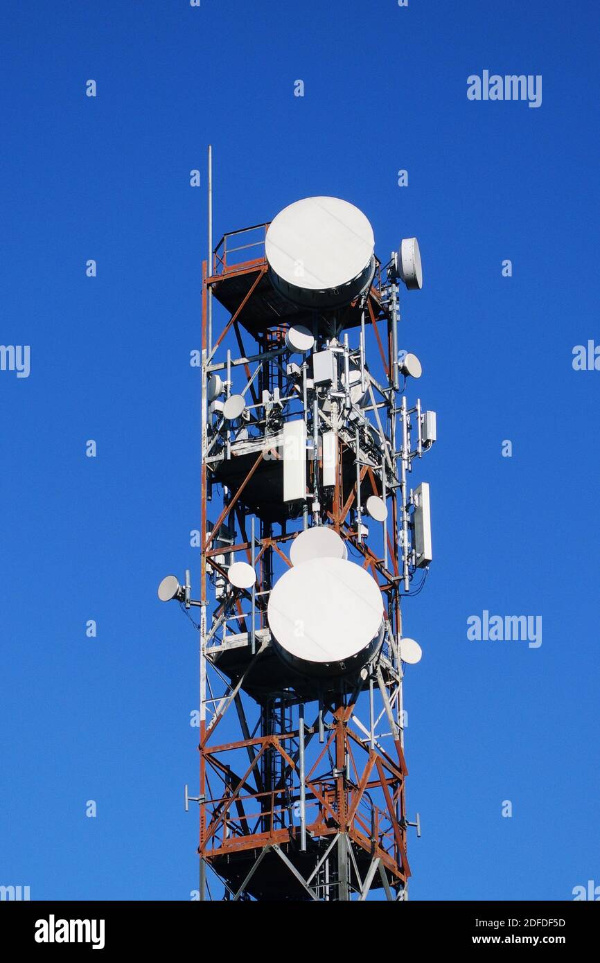 Detail of a telecommunication tower. Telecom tower antennas and satellite transmits the signals ...