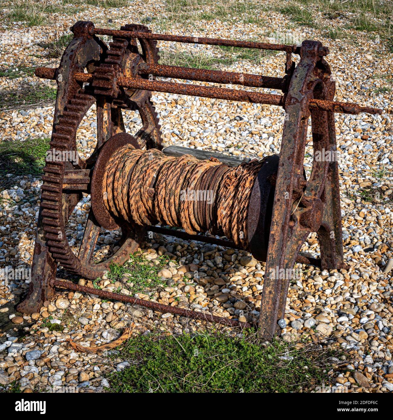View of old winch on beach at Dungeness Stock Photo - Alamy