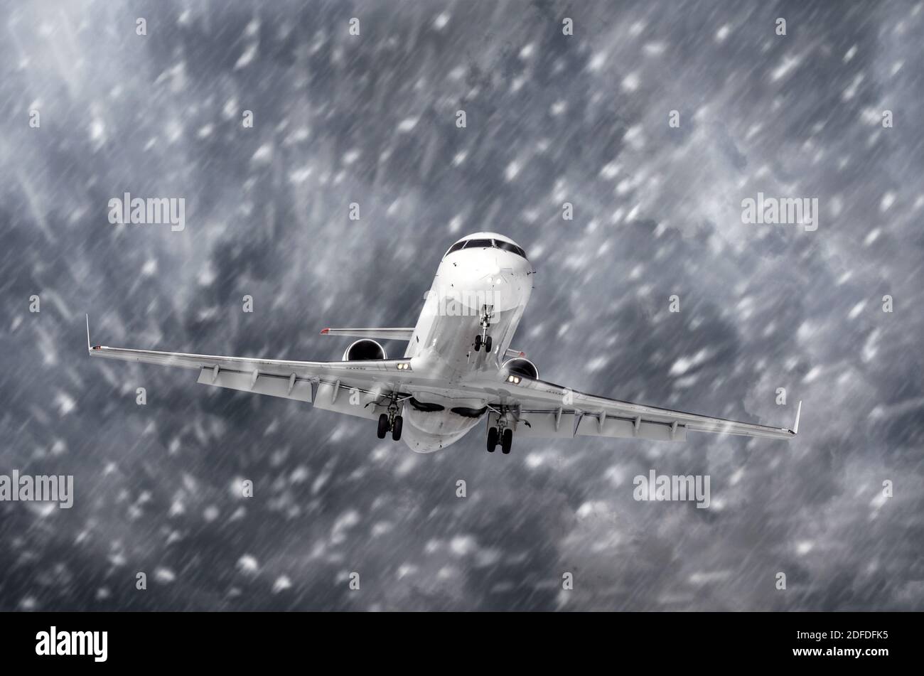 Airplane approaching on a landing in snowstorm bad weather Stock Photo ...