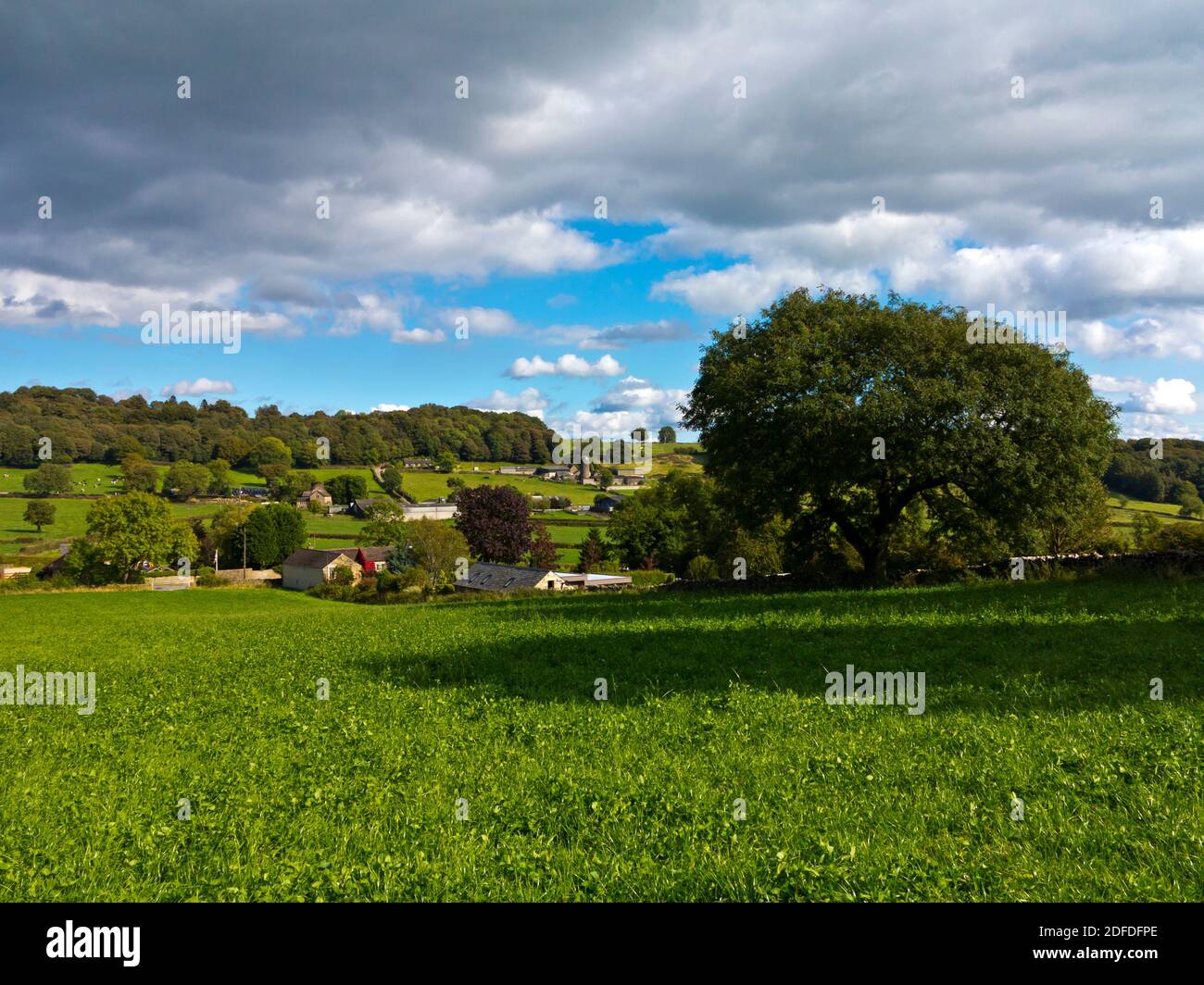 Farm buildings in rural landscape with farmland and trees near Ashover ...