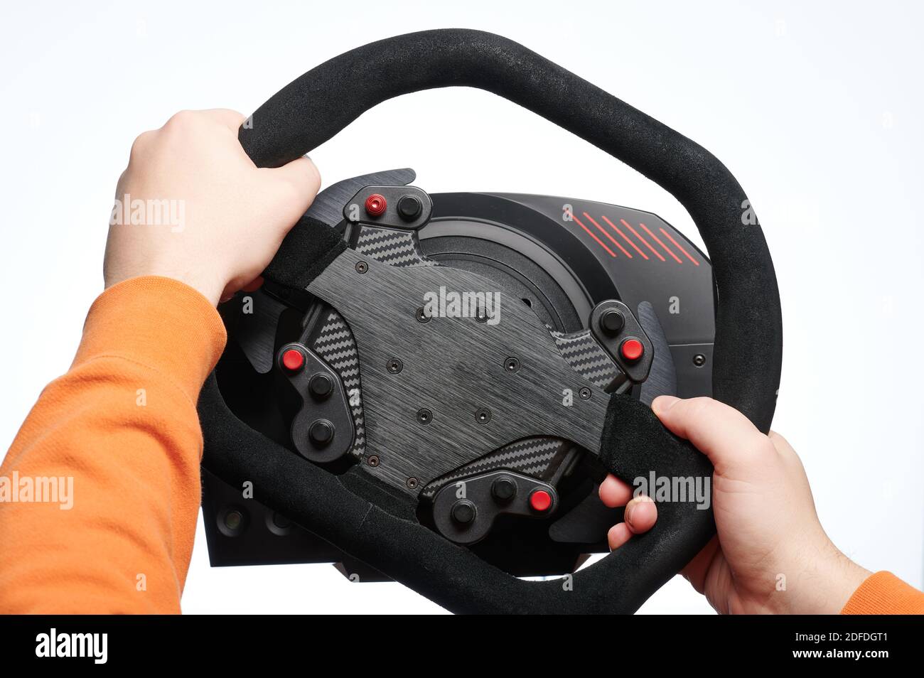 Sport car steering wheel in hand front view isolated Stock Photo - Alamy