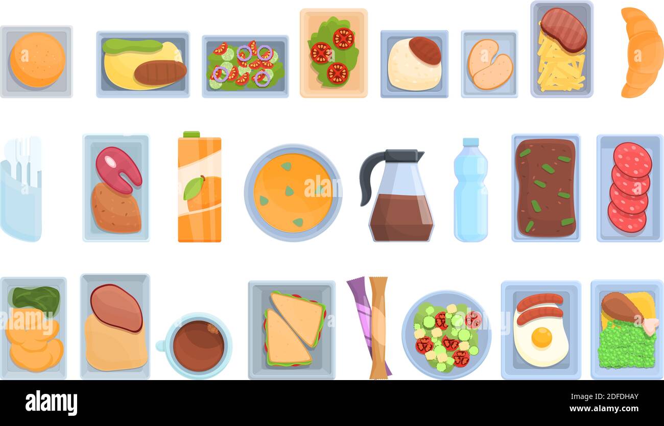 Airline food icons set. Cartoon set of airline food vector icons for ...
