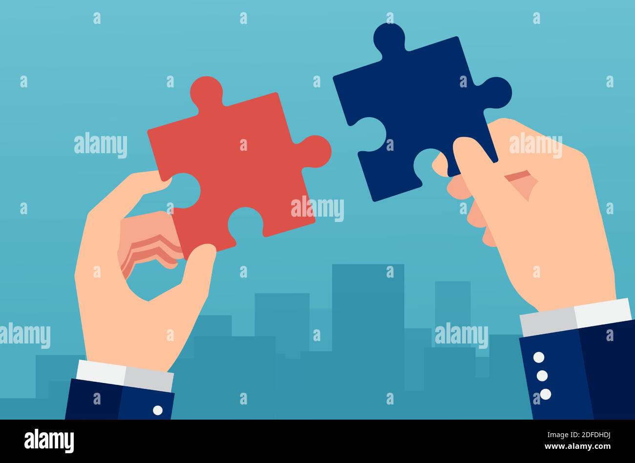 Vector of a businessman connecting jigsaw puzzle pieces on a city ...