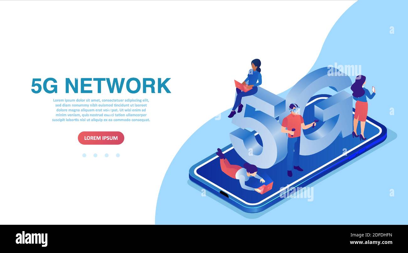 Vector of a smartphone with 5G symbol and people using mobile gadgets ...