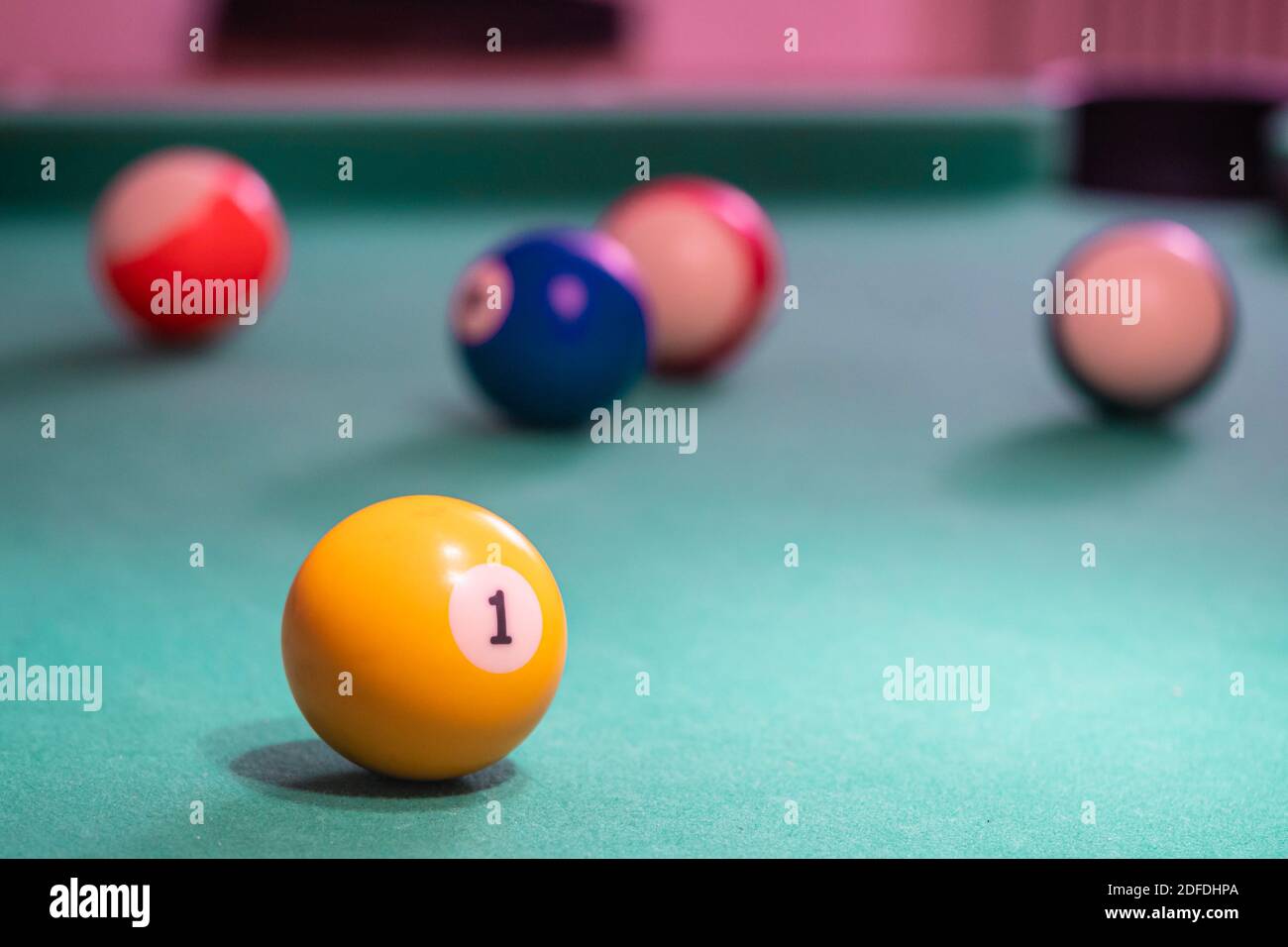 Picture of Billiard balls on table. Leisure and gambling concept. Toned ...