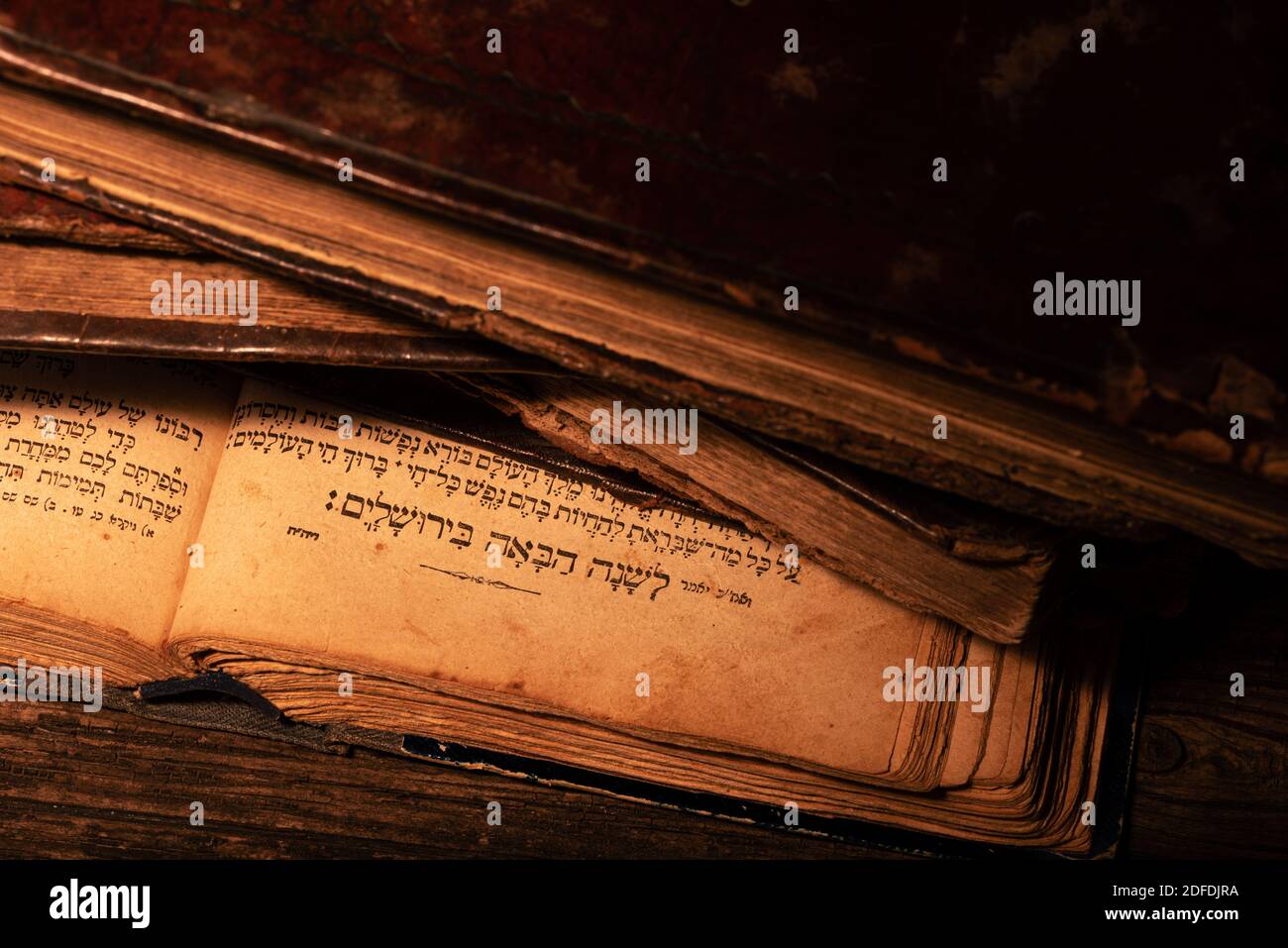 Old jewish books on open page of Makhzor with traditional Jewish prayer ...