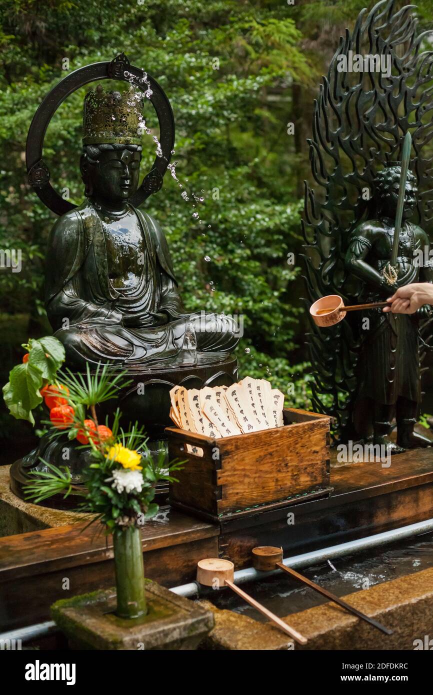 Vertical shot of the ritual of throwing water over the row of Mizumuke ...