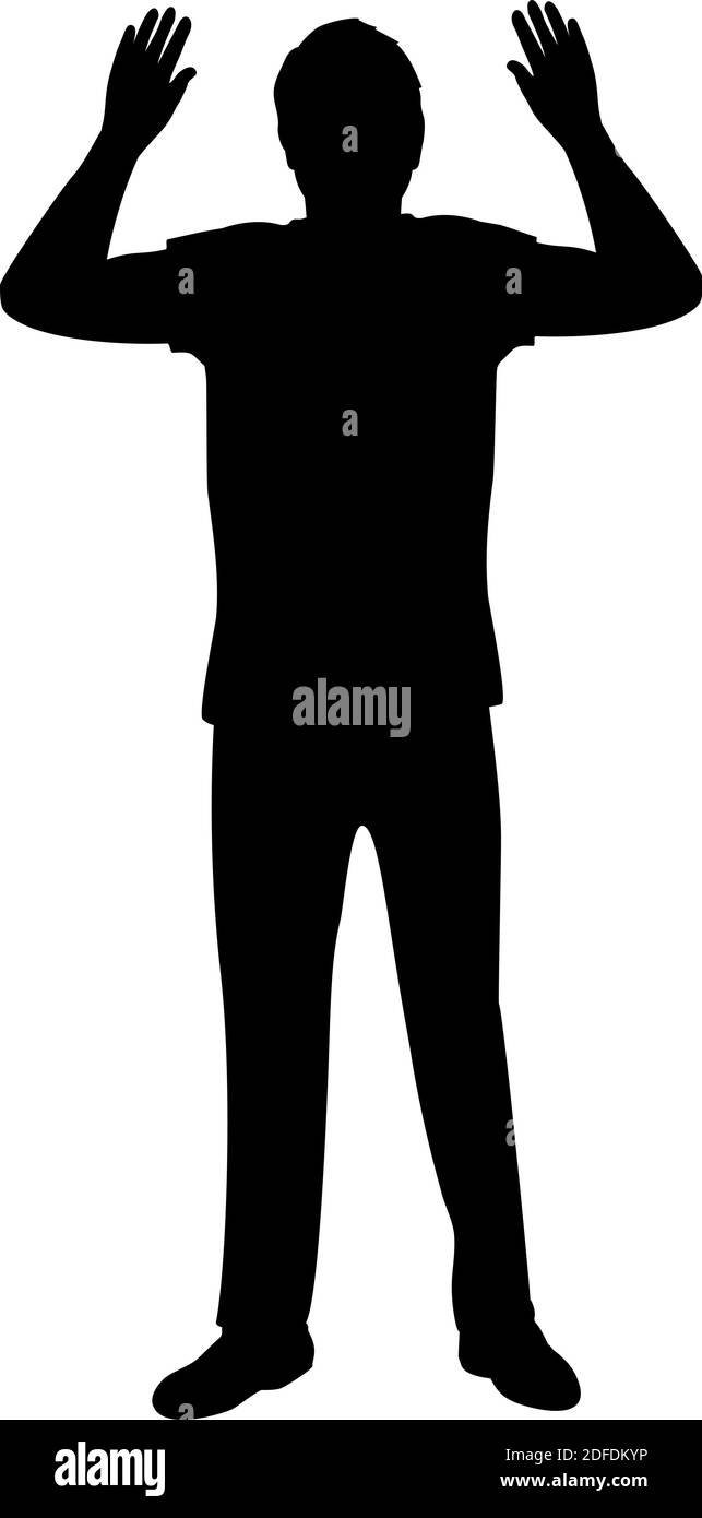 Silhouette of man surrenders with raised arms. Illustration symbol icon ...