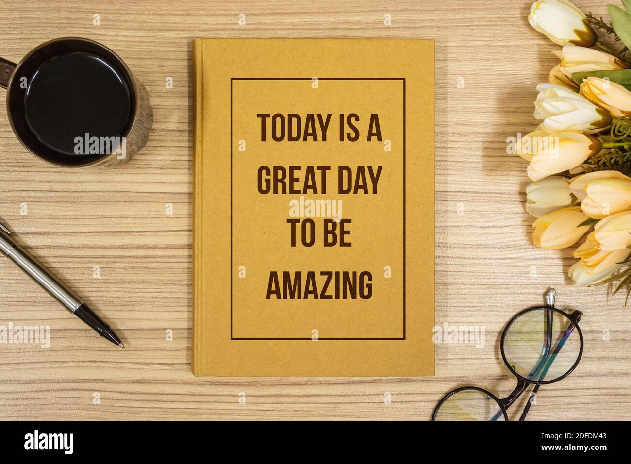 Overhead View of Notebook with Inspirational Quote on Wooden Work Desk ...