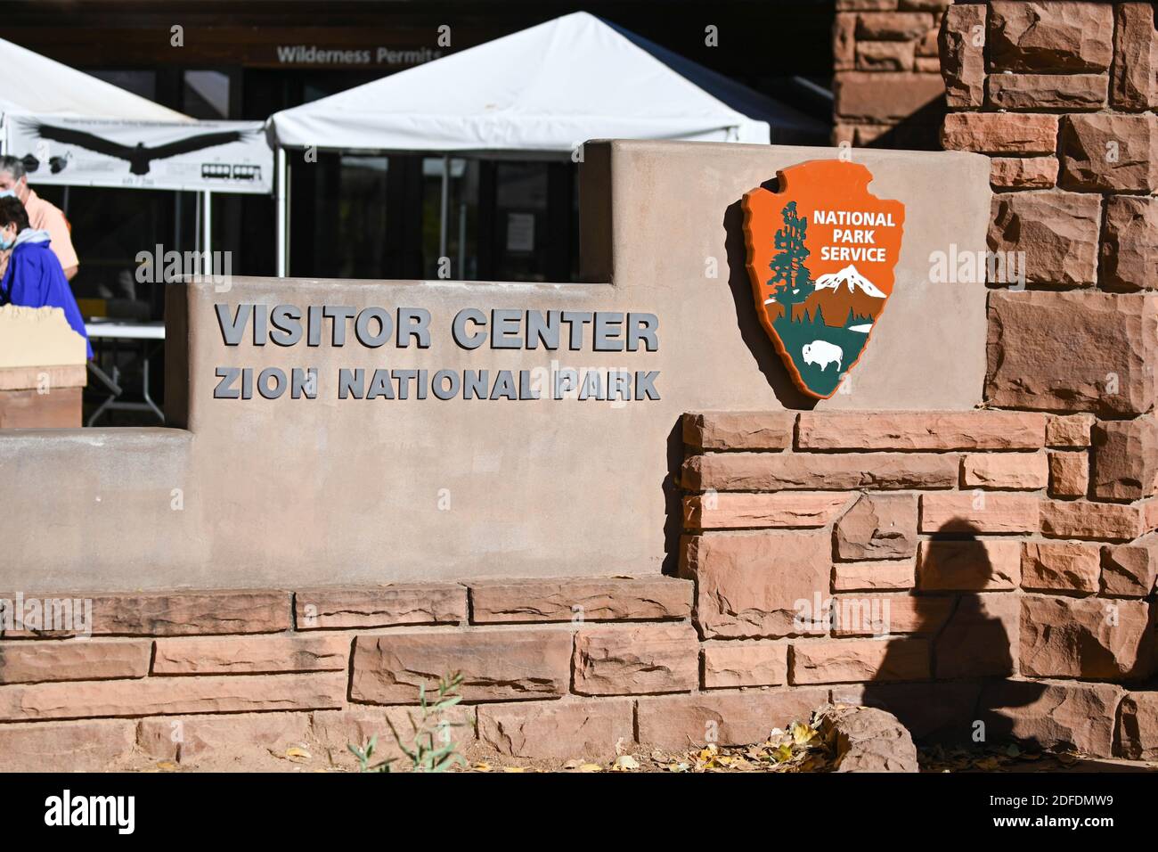 General overall view of Zion National Park visitor center signage ...