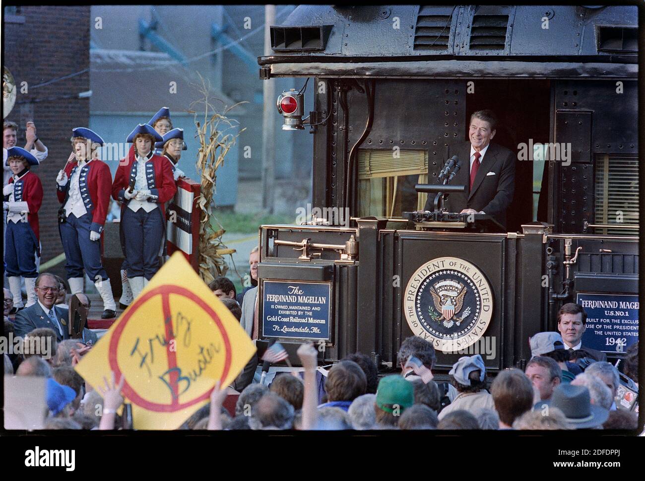 President Ronald Reagan campaigns in Deshler, Ohio on Oct. 12, 1984 ...