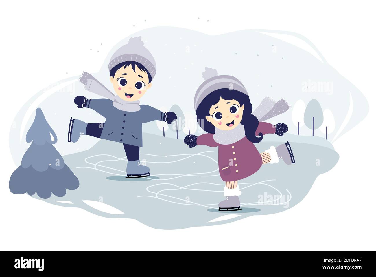 kids winter. Cute a boy and a girl ice skating on a skating rink in a ...