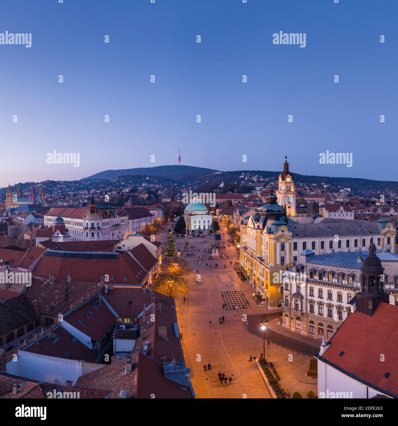 Aerial view of beautiful Pecs with christmas lights Stock Photo - Alamy