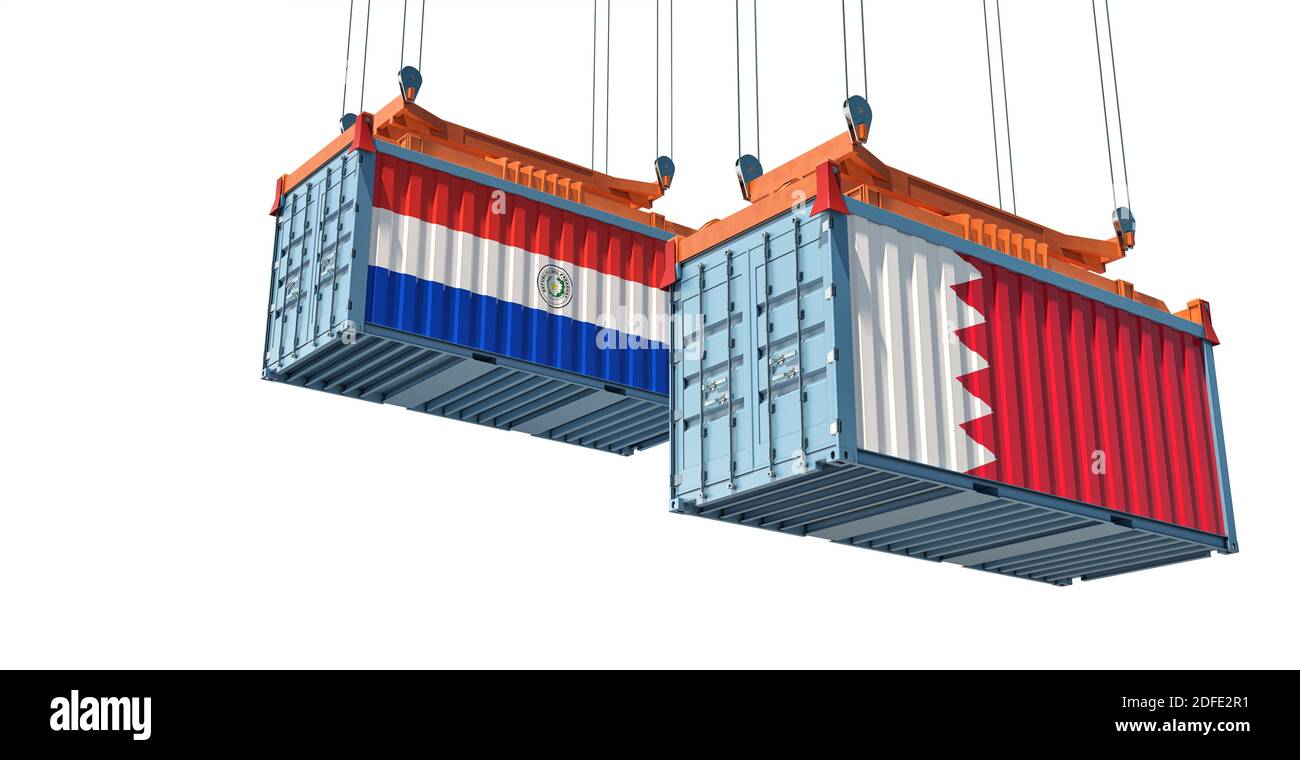 Freight containers with Bahrain and Paraguay national flags. 3D ...