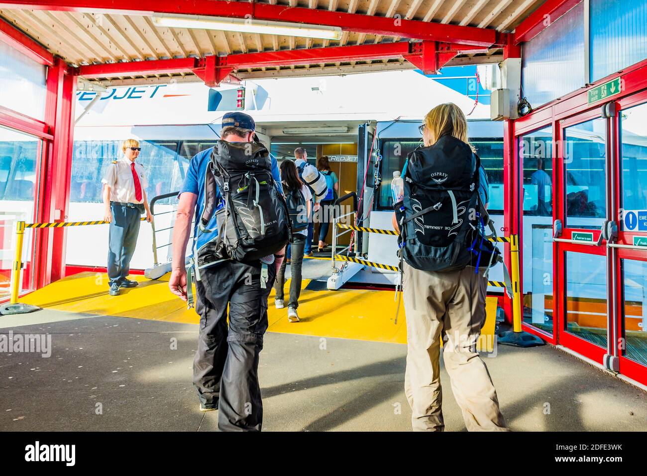 Passengers boarding. Red Funnel terminal ferries. Cowes, Isle of Wight ...