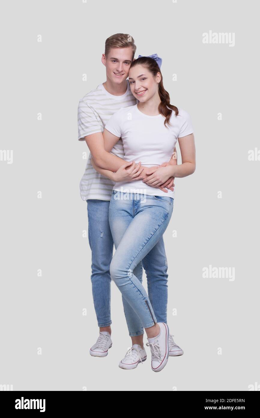 Couple Standing Hugging Looking Front Isolated. Man and Woman Hugging ...