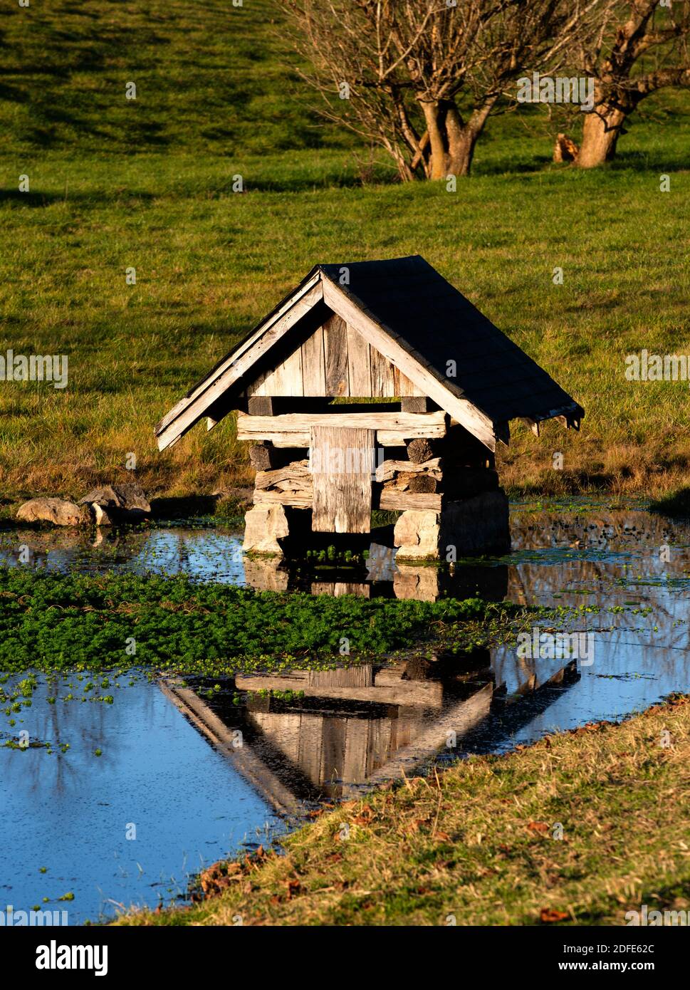 Spring house in the Appalachian mountains with reflection Stock Photo ...