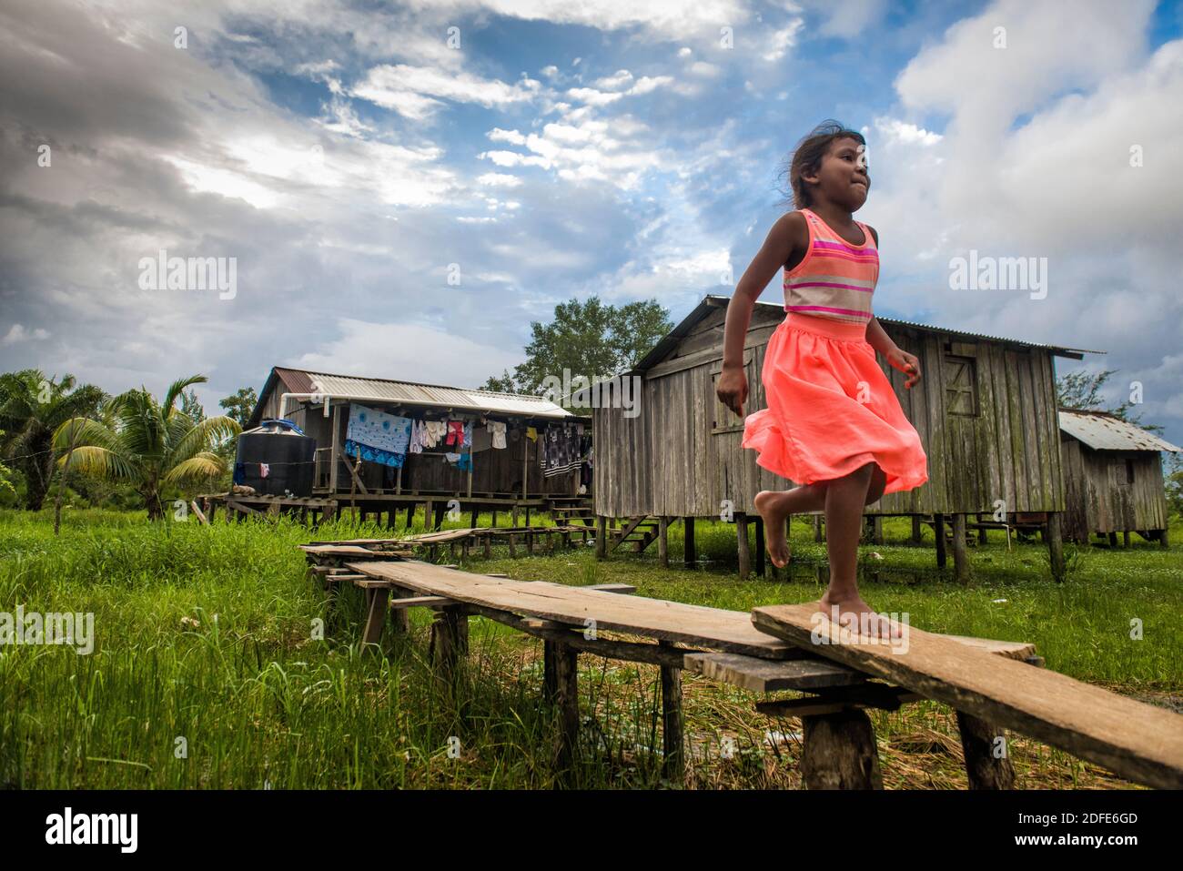Young girl running with to her wooden rickety shack in the back. Brus ...