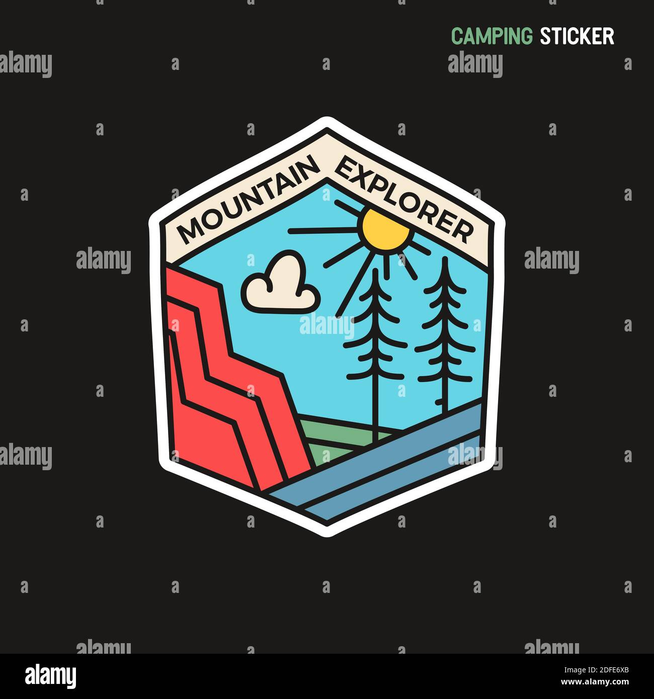 Camping adventure sticker design. Travel hand drawn patch. Mountain ...