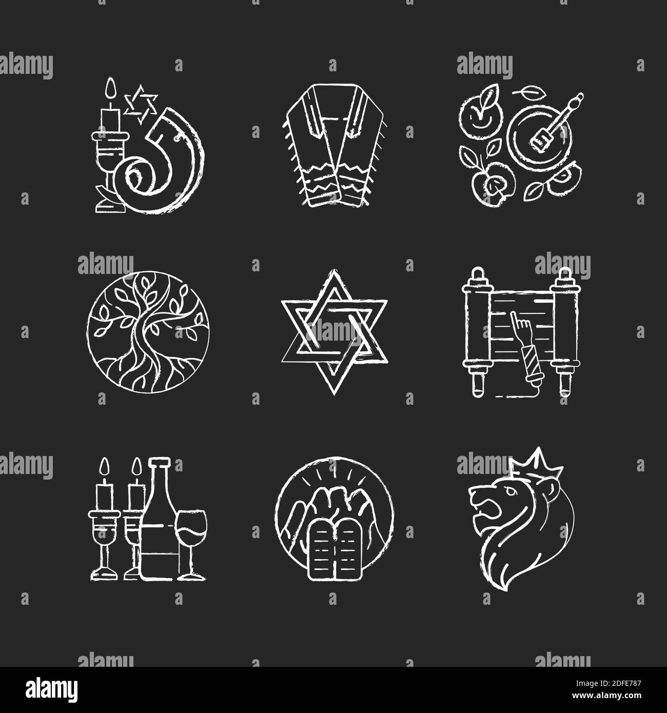 Judaism symbols chalk white icons set on black background Stock Vector ...