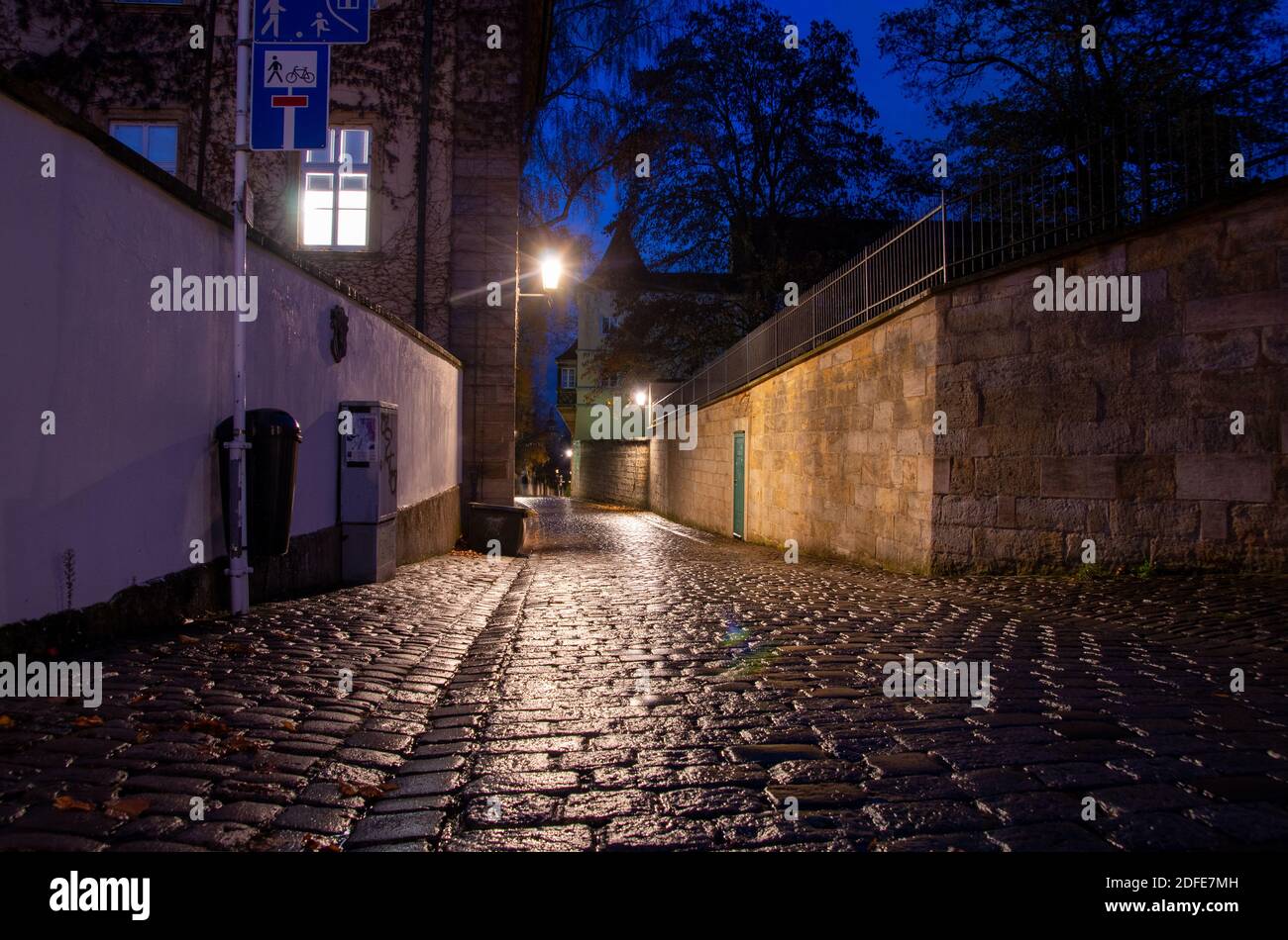 Narrow historical alley in the old town of Bamberg at night, World ...