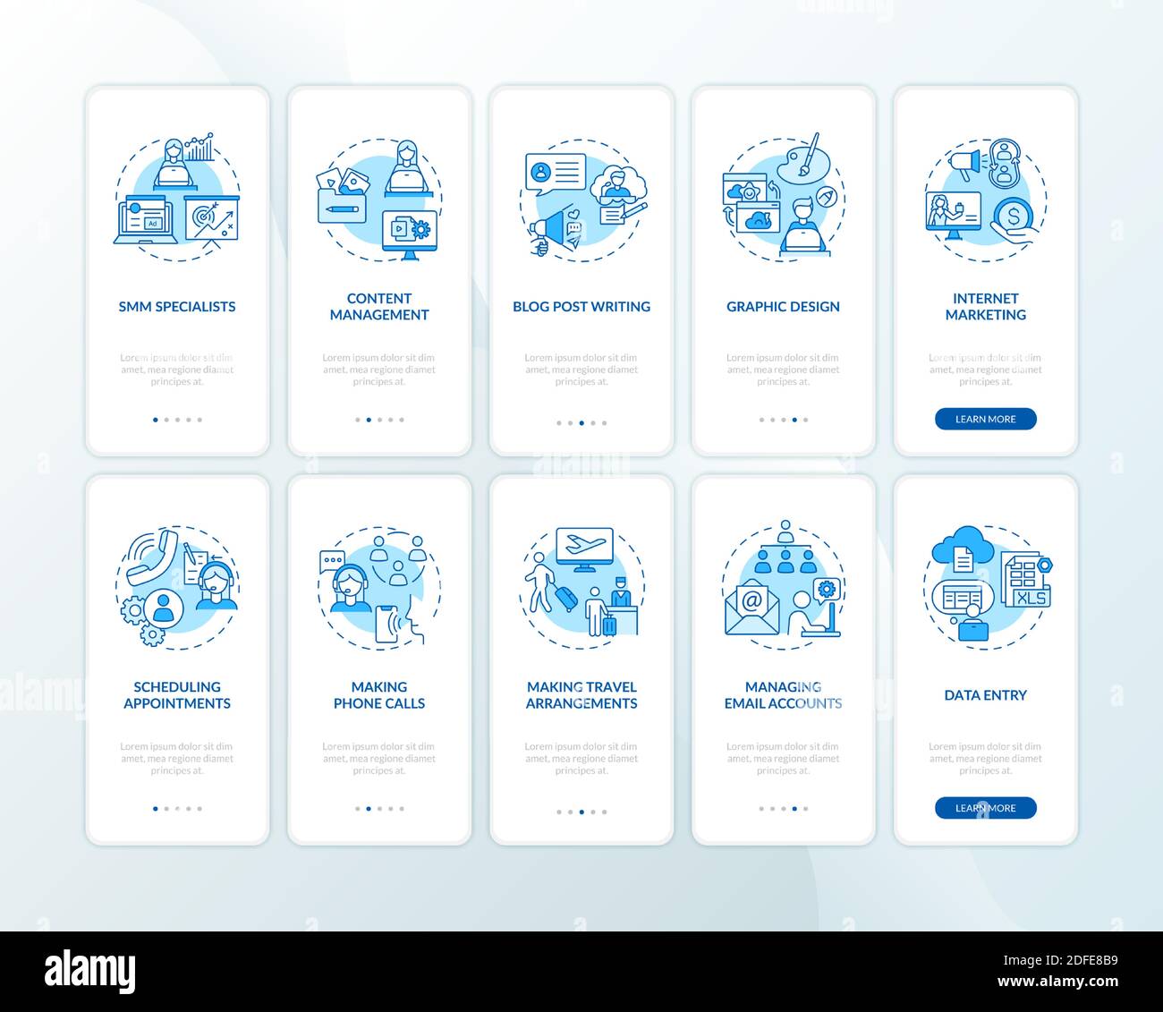 Virtual assistant work blue onboarding mobile app page screen with ...
