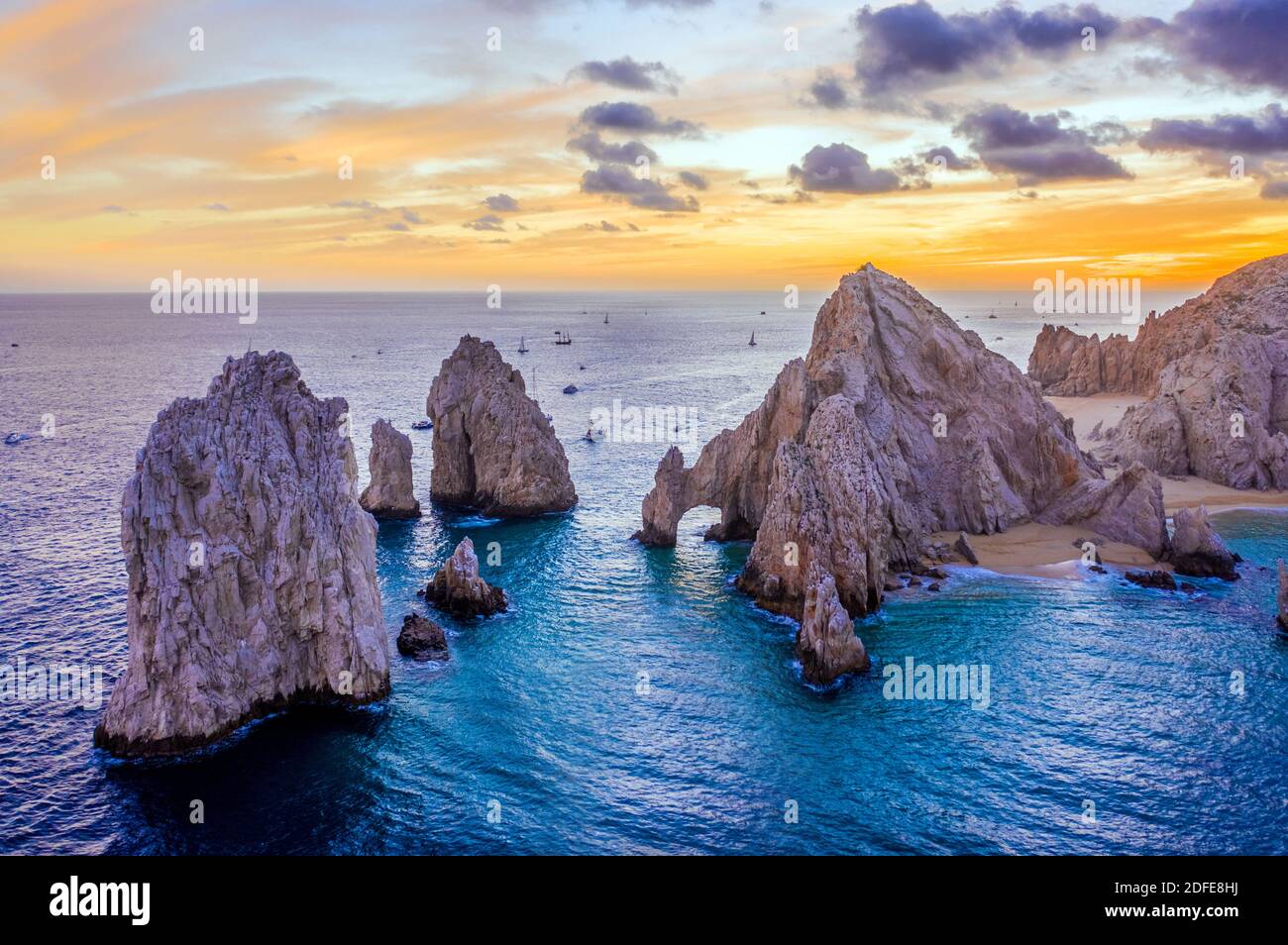 Aerial view of the Arch of Cabo San Lucas, Mexico at sunset, Lands End ...