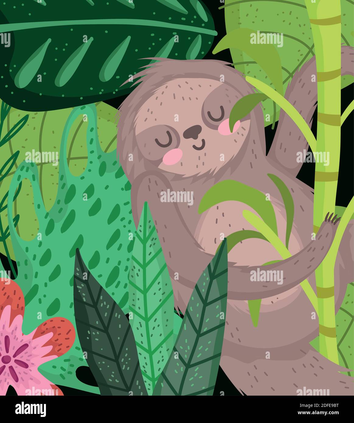 sloth hanging on tree branch flower leaves safari cartoon vector ...