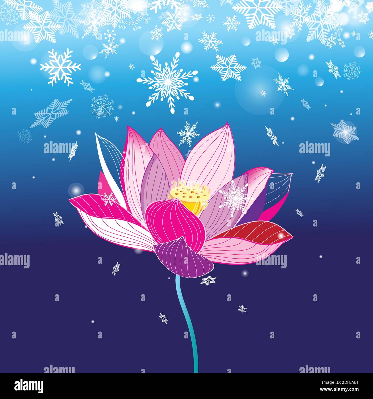 Festive vector new year card with Lotus flower and snowflakes on blue ...